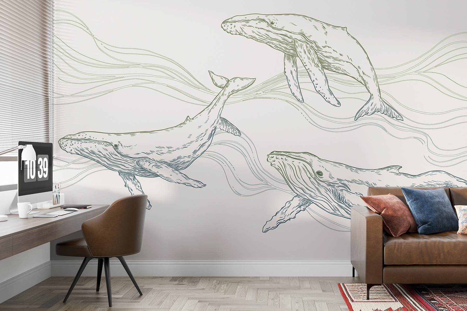 Fototapety Velryby v oceánu, mořská zvířata, line art, minimalismus ...